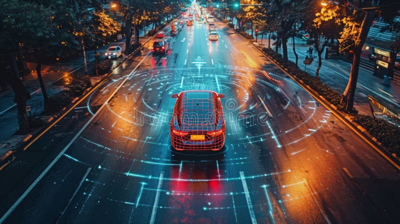 Autonomous Car in Action on a Bustling City Street at Night Stock ...