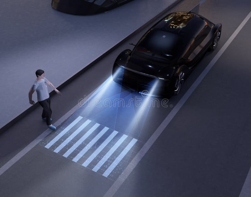 Autonomous Car Communicating with Pedestrian at Crosswalk Sign Stock ...