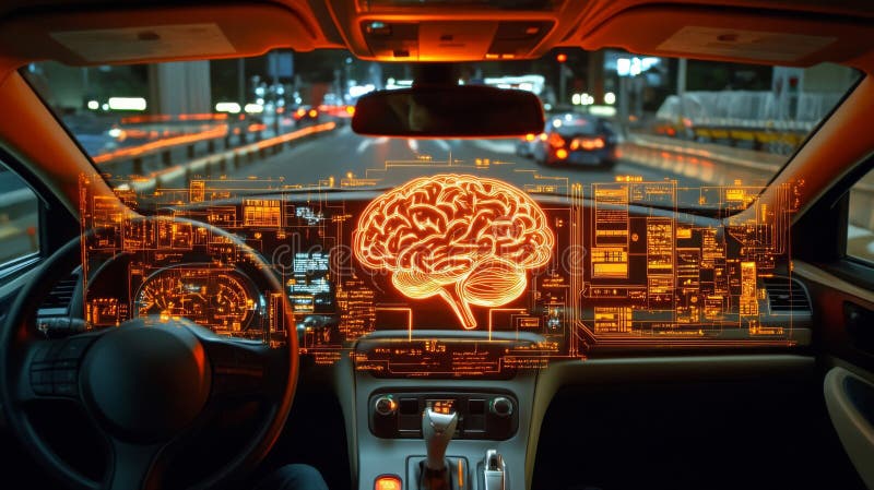 Autonomous Car Dashboard with Brain Interface at Night Stock ...