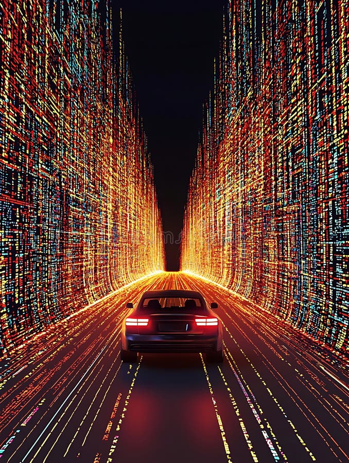 Autonomous Car Driving through a Tunnel of Digital Data Streams Stock ...