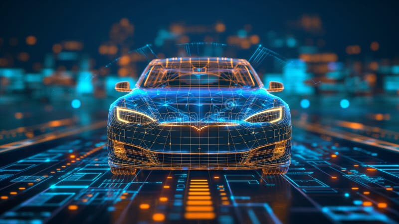 Autonomous Car Interface, Front View Digital Car in Blue and Gold ...