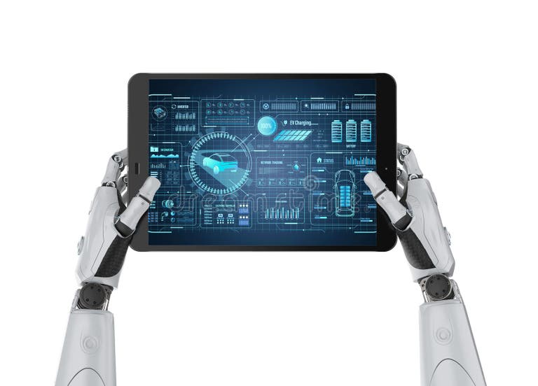 Autonomous Car Maintenance with Engineer Robot Hold Digital Tablet with ...