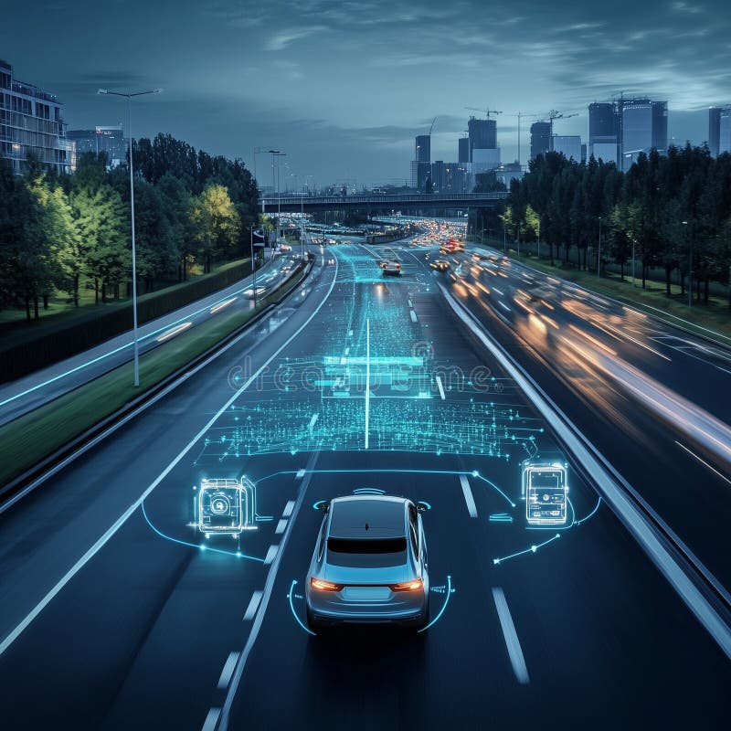 Autonomous Car on Road with Advanced Technology and Connectivity Stock ...