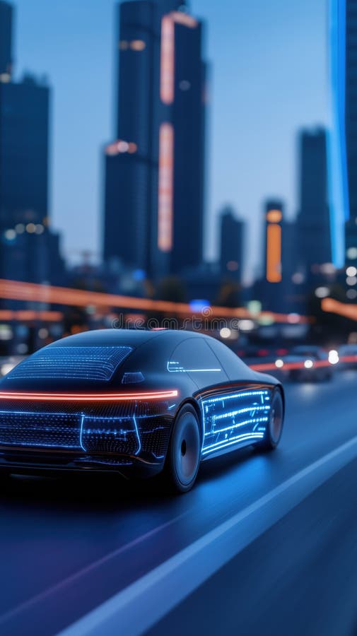 Autonomous Car on Road with Glowing Lights in Cityscape Stock ...