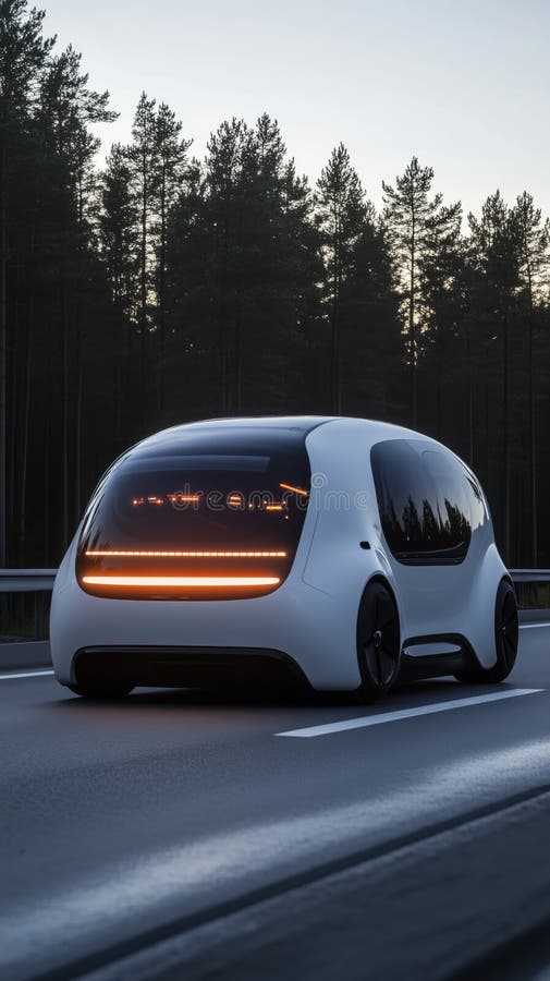 Autonomous Car on Road Surrounded by Trees, Showcasing Modern Design ...