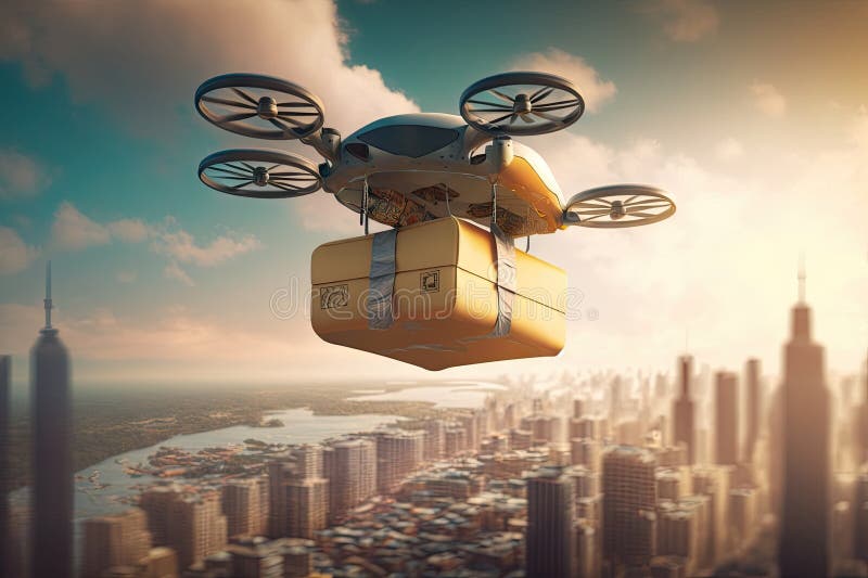 Autonomous Cargo Drone, Hovering Over Futuristic Metropolis, with ...
