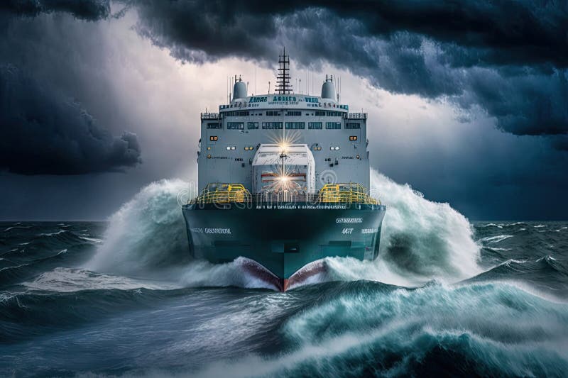 Autonomous Cargo Ship on the High Seas, with View of Stormy Weather and ...