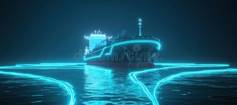 Autonomous Cargo Ship Navigating Digital Ocean with Futuristic Neon ...