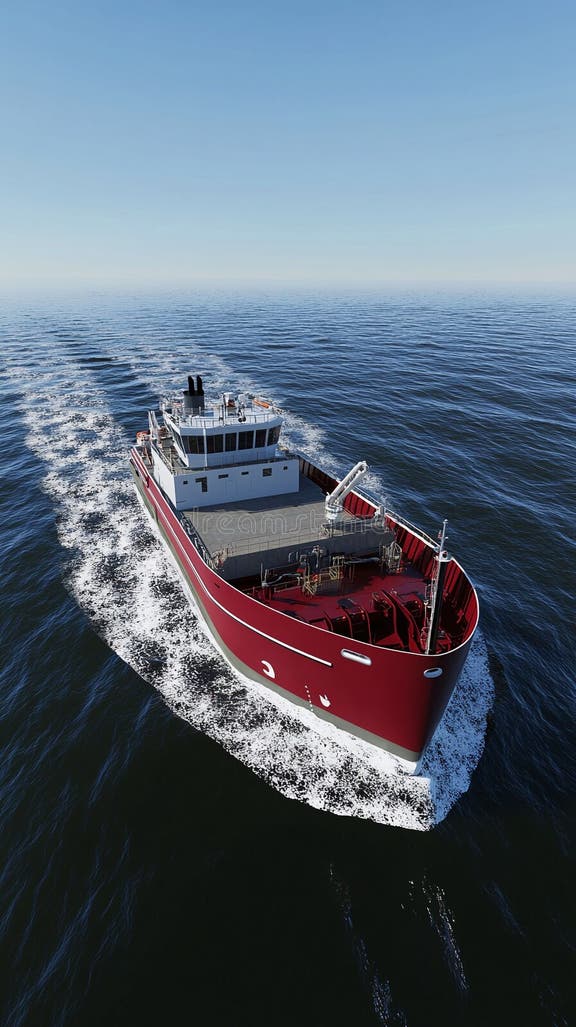 An Autonomous Cargo Ship Navigating the Ocean with a Clear Blue Sky and ...