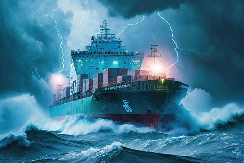 Autonomous Cargo Ship Navigating Stormy Waters, with Lightning Flashing ...