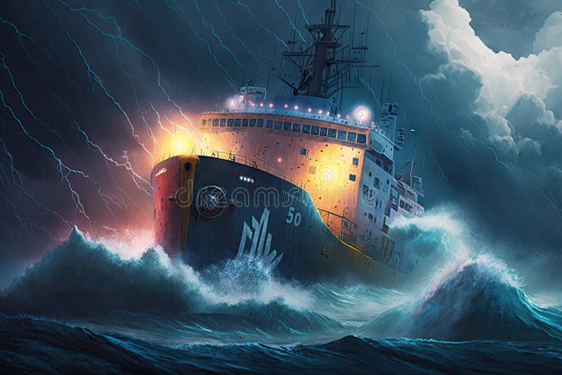 Autonomous Cargo Ship Navigating through Stormy Waters, with Lightning ...