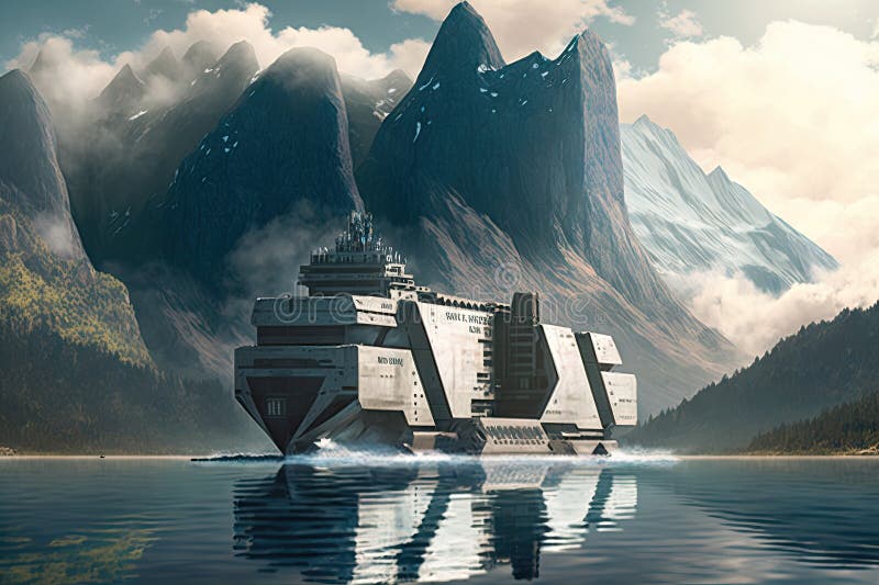Autonomous Cargo Ship Sails on Crystal-clear Water, with Mountains in ...