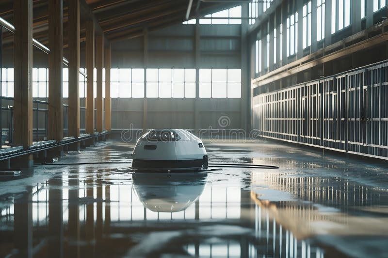 Autonomous Cleaning Robot in Industrial Warehouse with Gleaming Floors ...