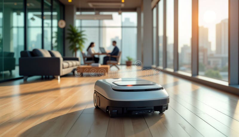Autonomous Cleaning Robot Navigates Modern Office Space. Robot ...