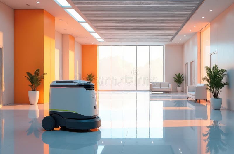 Autonomous Cleaning Robot on White Floor in a Hall. Modern and ...