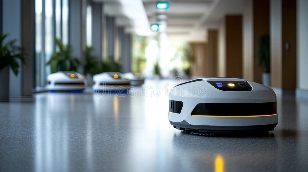Autonomous Cleaning Robots in Modern Office Hallway Stock Illustration ...