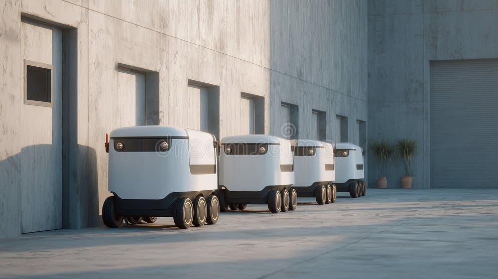 Autonomous Delivery Drones Wait in a Sleek Environment, Ready for Last ...