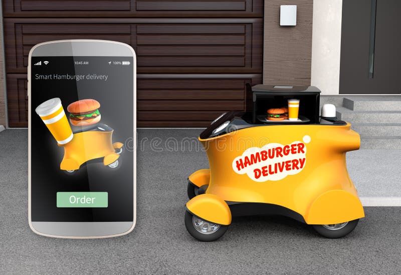 Delivery Robot for Hot Fast Food Carry. Lettering, Burger, French Fries ...