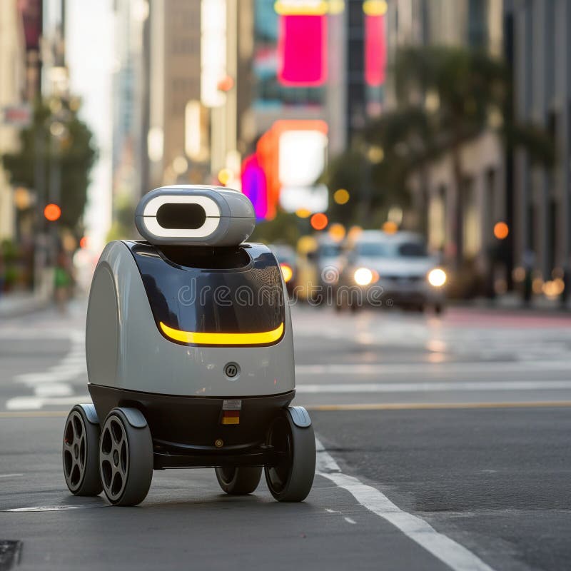 Autonomous Delivery Robot Navigating a Downtown Street at Dusk Stock ...