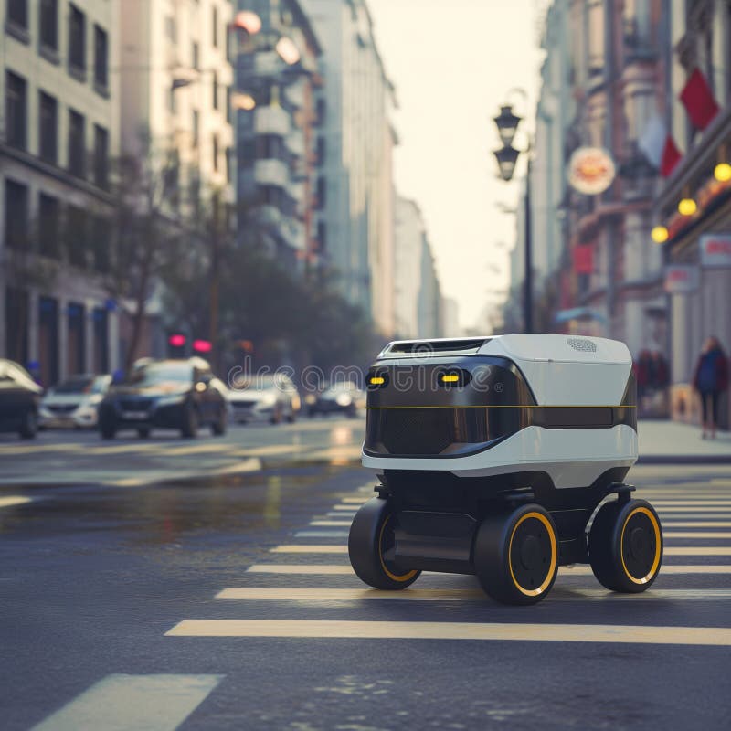 Autonomous Delivery Robot Navigating a Downtown Street at Dusk Stock ...