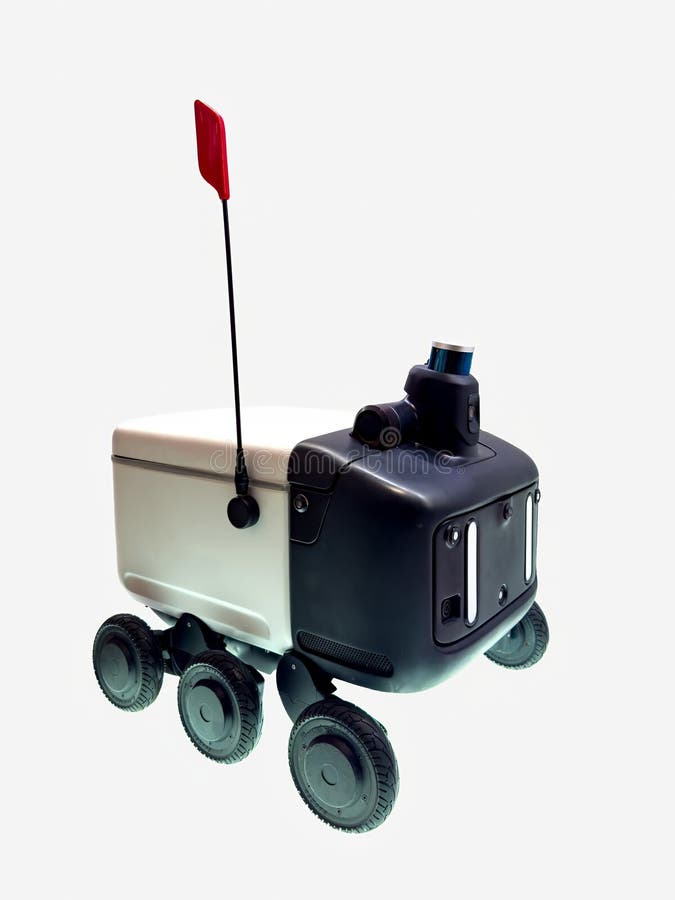 Autonomous Delivery Robot with Six Wheels and Red Safety Flag Stock ...