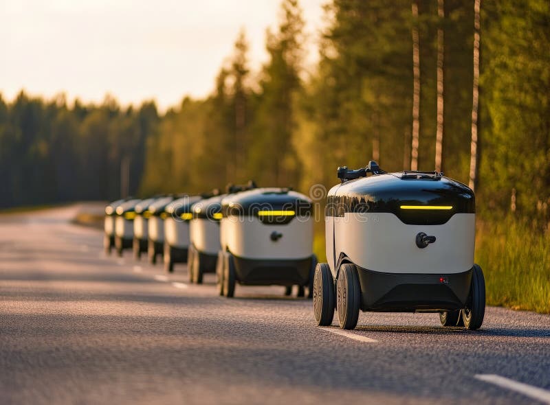 Autonomous Delivery Robots on Rural Road at Sunset Stock Illustration ...