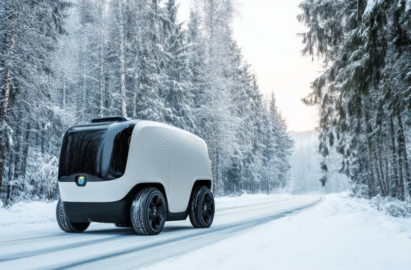 Autonomous Delivery Vehicle Navigating Snowy Winter Forest Road Stock ...