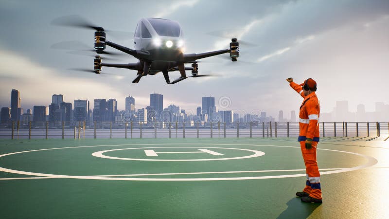 Autonomous Driverless Aerial Vehicle Fly Across City, 3d Render Stock ...