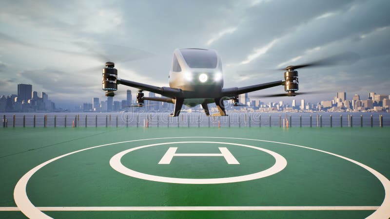 Autonomous Driverless Aerial Vehicle Fly Across City, 3d Render Stock ...