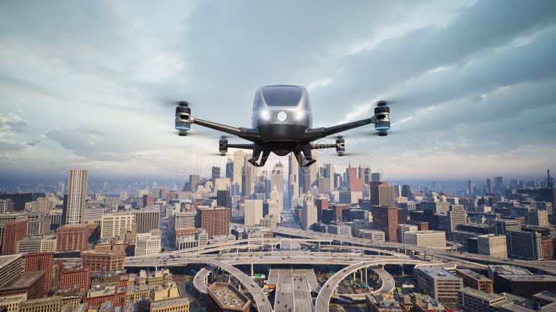Autonomous Driverless Aerial Vehicle Fly Across City, 3d Render Stock ...