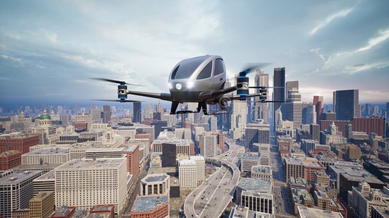 Autonomous Driverless Aerial Vehicle Fly Across City, 3d Render Stock ...