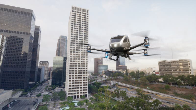 Autonomous Driverless Aerial Vehicle Fly Across City, 3d Render Stock ...