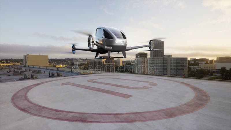 Autonomous Driverless Aerial Vehicle Fly Across City, 3d Render Stock ...