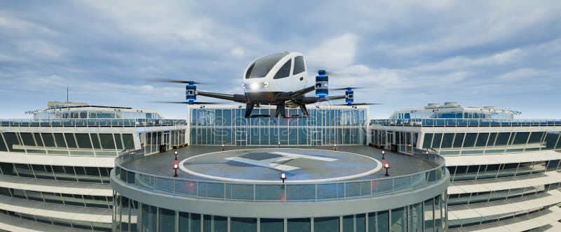 Autonomous Driverless Aerial Vehicle Takeoff on Rooftop, 3d Render ...