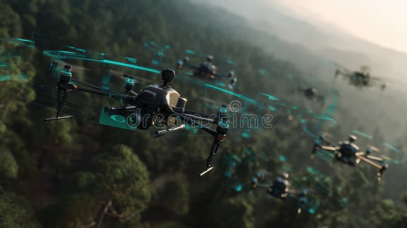 Autonomous Drone Swarm Over Forest GenerativeAI Stock Image - Image of ...