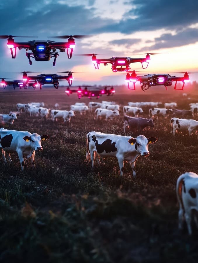 Fleet of Autonomous Drones Surveying Cows on a Futuristic Farm at ...
