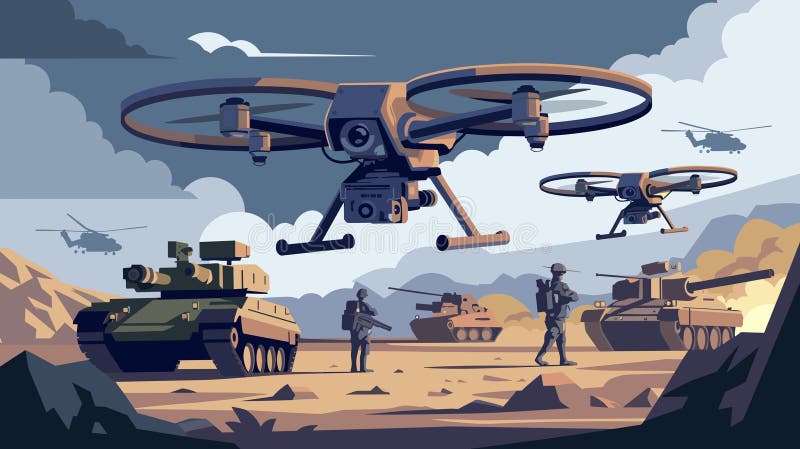 Autonomous Drones Patrolling Battlefield, Guided by AI. Stock Vector ...
