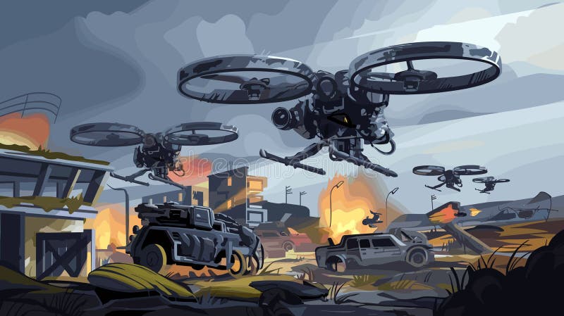 Autonomous Drones Patrolling Battlefield, Guided by AI. Stock Vector ...