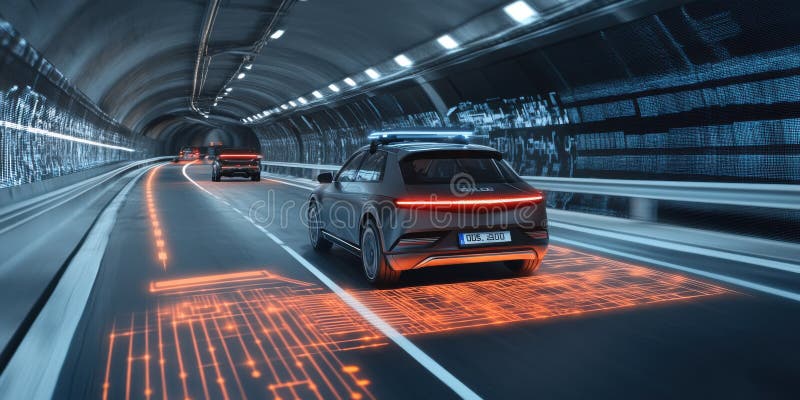 Futuristic Autonomous Car Driving Neon Digital Tunnel Stock Photos ...