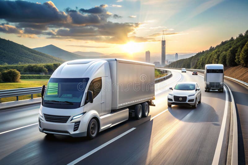 Autonomous Electric Van Semi Truck Driving on Highway Stock ...