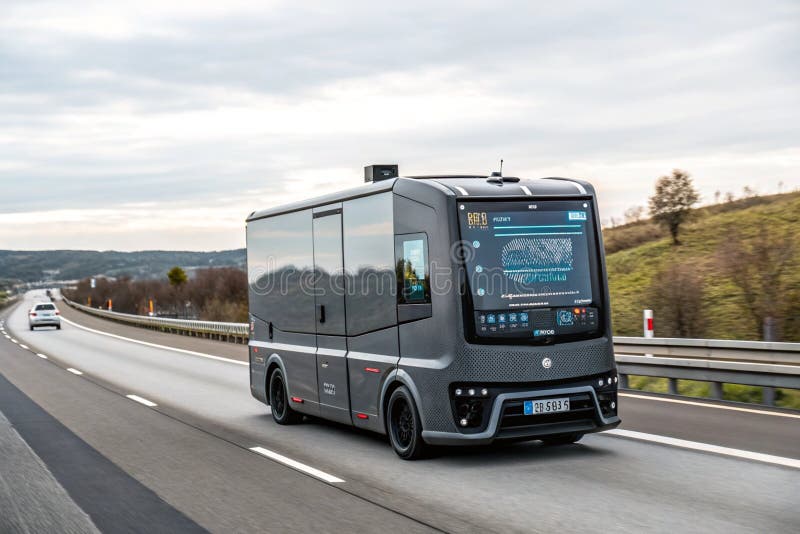 Autonomous Electric Van Semi Truck Driving on Highway Stock ...