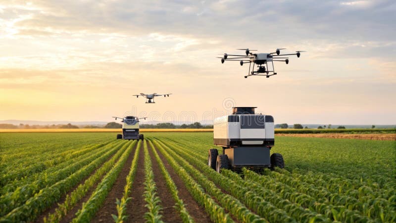 Autonomous Farming Drones and Robots in Field at Sunset Stock ...