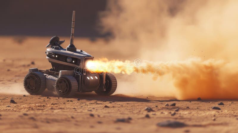 Autonomous Fire Suppression Robot Navigating a Desert Landscape Stock ...
