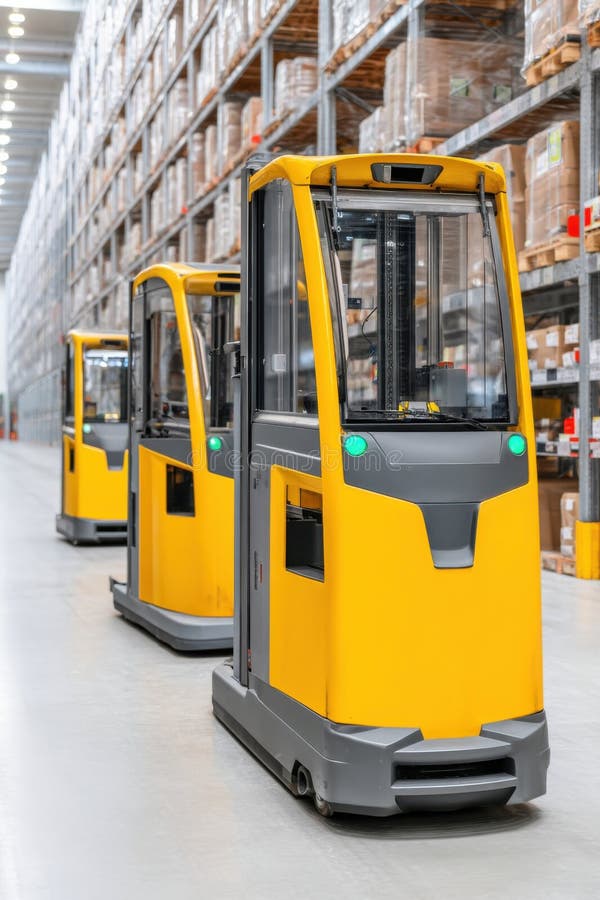 Autonomous Forklifts Transporting Cargo in Modern Warehouse Stock Image ...