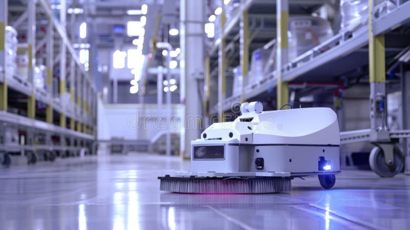 Autonomous Industrial Cleaning Robot at Work in a Modern Warehouse ...
