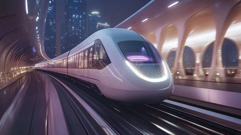Autonomous Maglev Train Speeding through Luminous Curved Corridor ...