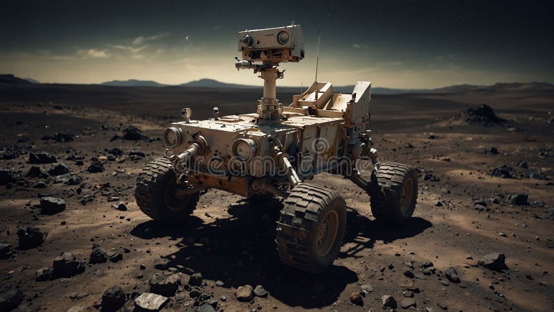 Autonomous Mars Rover Navigating Rocky Martian Terrain Under a Starry ...