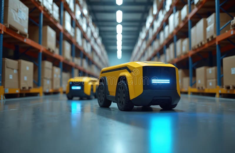 Autonomous Mobile Robots Move through Modern Warehouse, Exemplifying Future Logistics, Automated ...