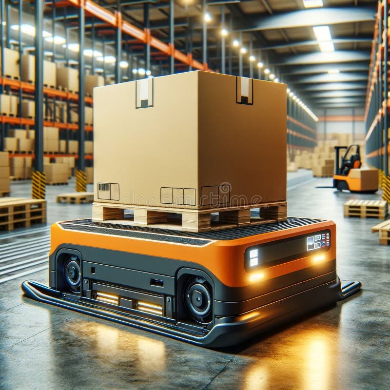 Autonomous Orange Robots with Packages in Futuristic Warehouse Setting ...