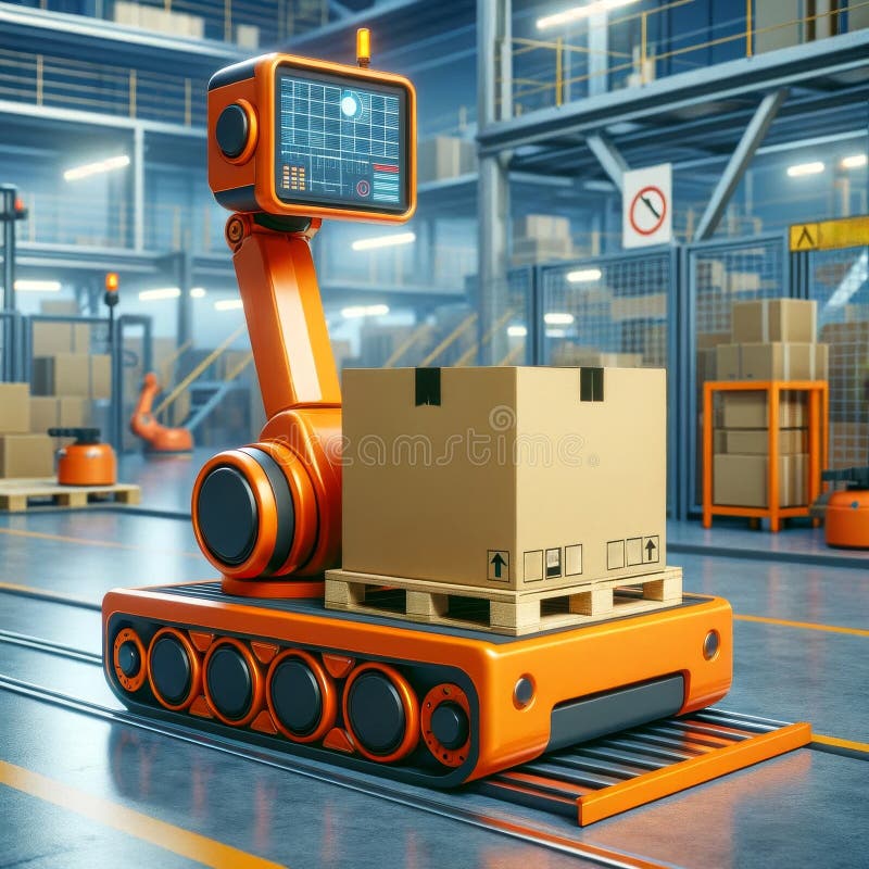 Autonomous Orange Robots with Packages in Futuristic Warehouse Setting ...
